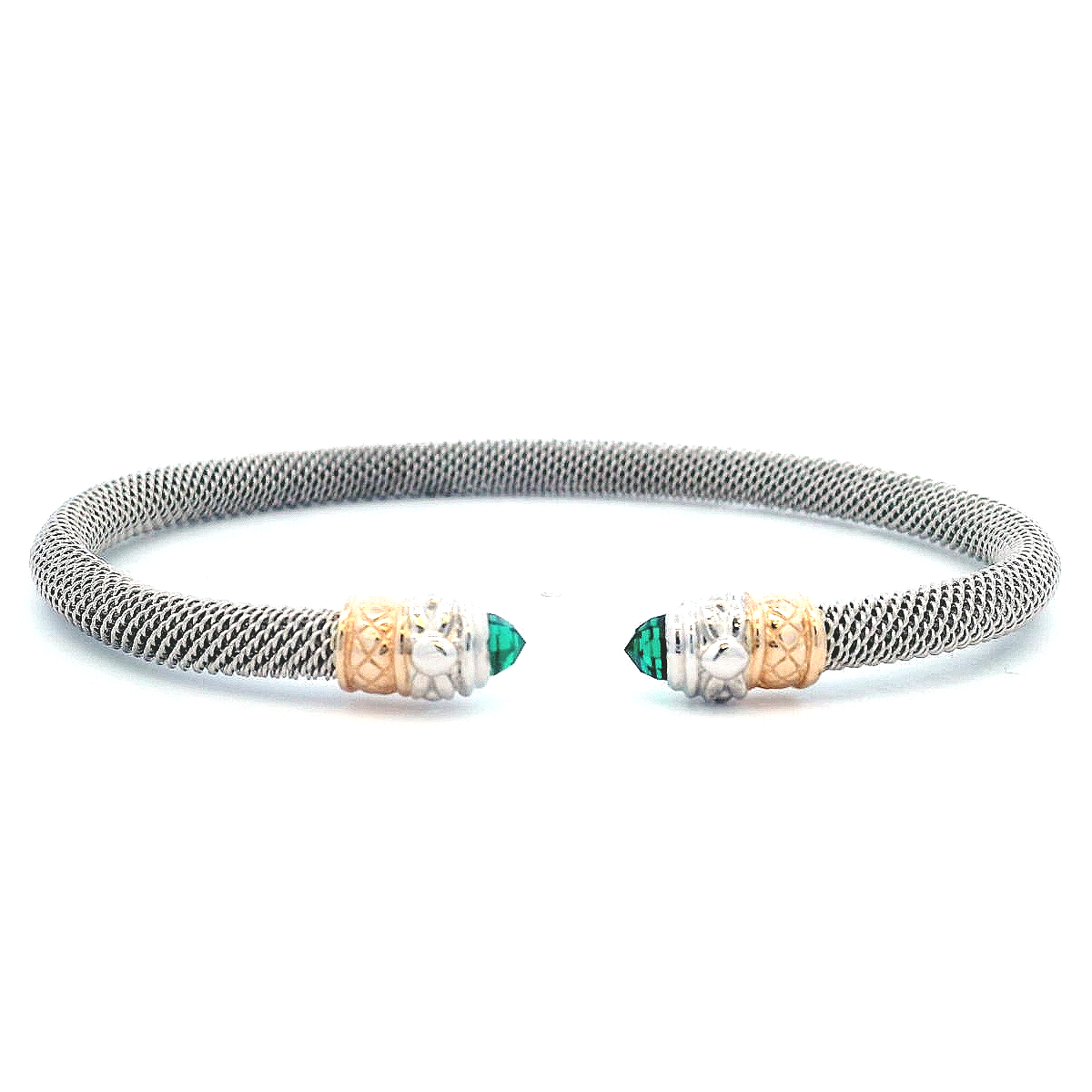 Sterling & 14K Gold Mesh Bangle with Emerald End Caps – Goldstein's ...